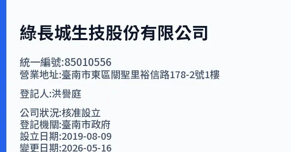綠長城生技股份有限公司的照片-統編 85010556(臺南市) 公司登記資料與營業項目詳細圖表