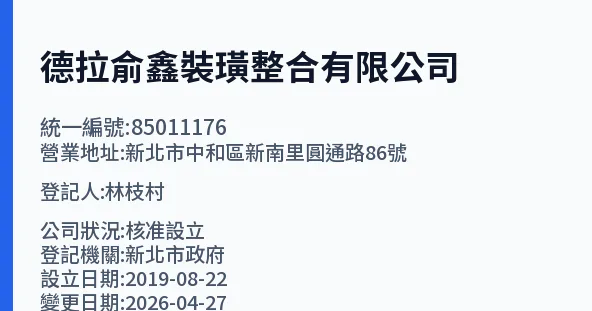 德拉俞鑫裝璜整合有限公司的照片-統編 85011176(新北市) 公司登記資料與營業項目詳細圖表