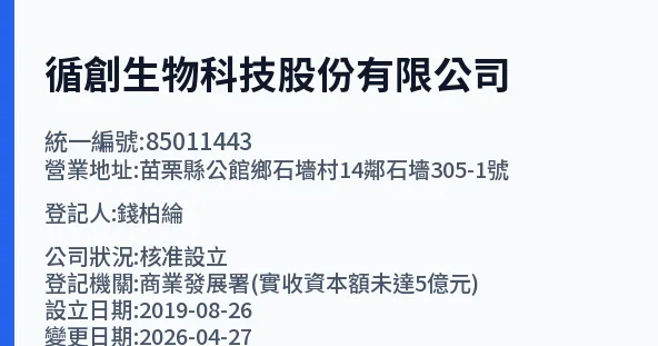 循創生物科技股份有限公司的照片-統編 85011443(苗栗縣) 公司登記資料與營業項目詳細圖表