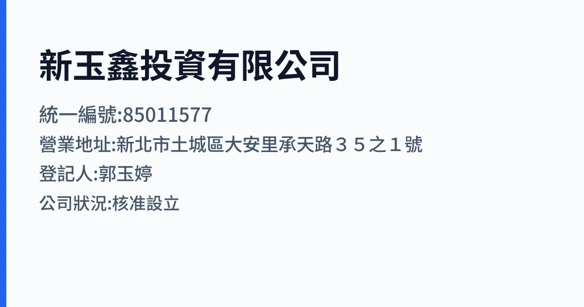 新玉鑫投資有限公司 - 統編 85011577(新北市) 公司登記資料與營業項目詳細圖表