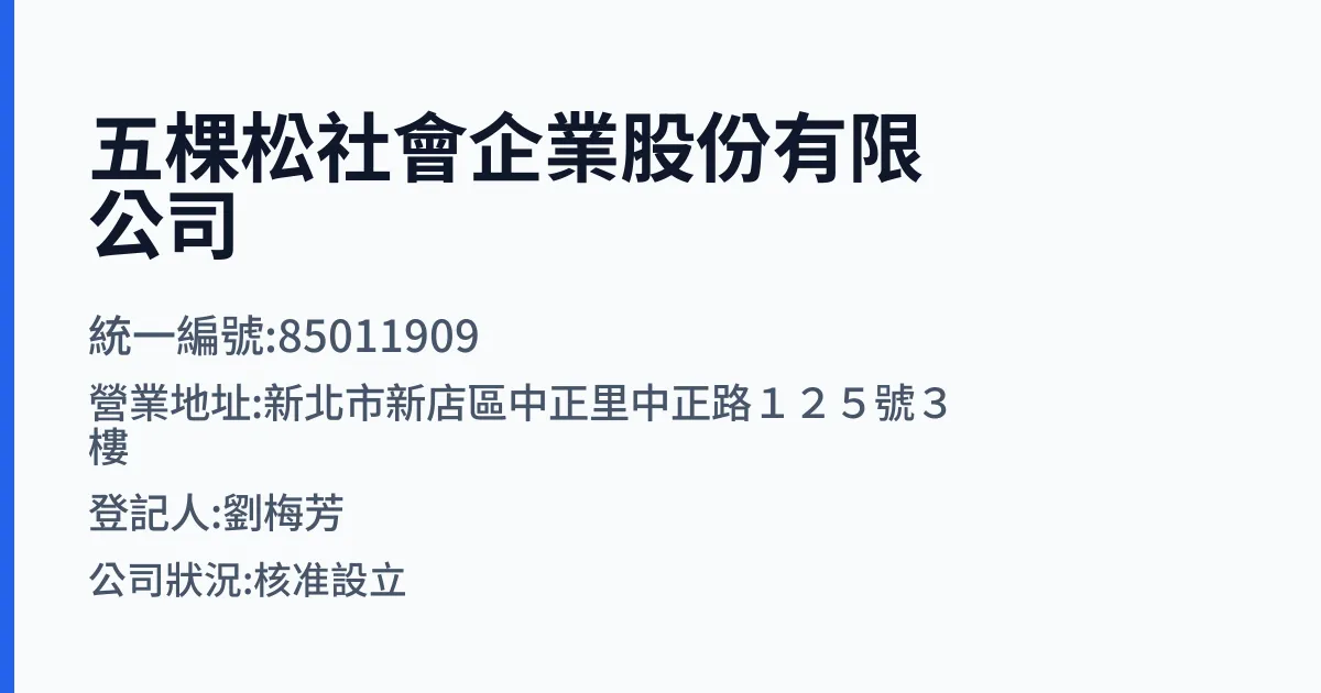 五棵松社會企業股份有限公司 - 統編 85011909(新北市) 公司登記資料與營業項目詳細圖表