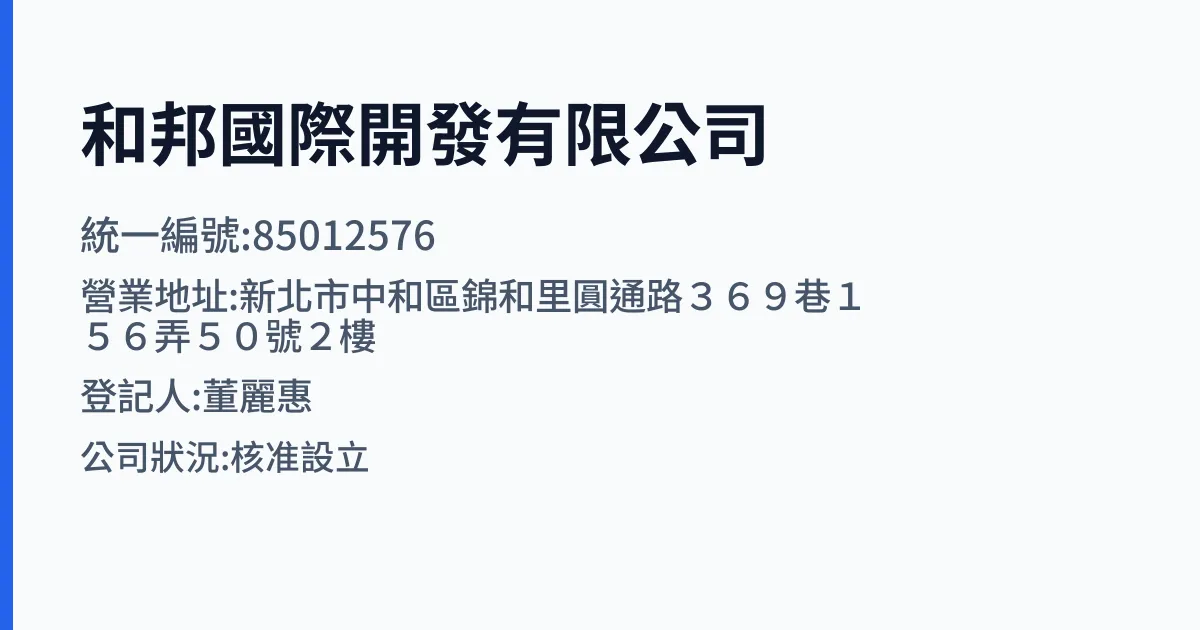 和邦國際開發有限公司 - 統編 85012576(新北市) 公司登記資料與營業項目詳細圖表