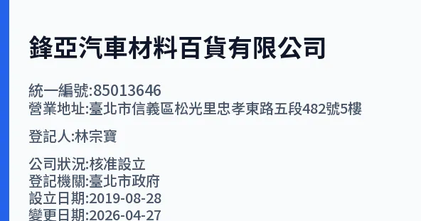 鋒亞汽車材料百貨有限公司的照片-統編 85013646(臺北市) 公司登記資料與營業項目詳細圖表