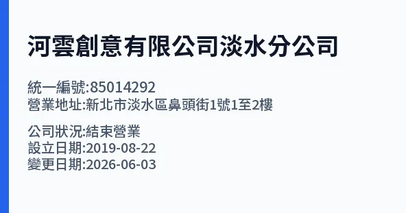 河雲創意有限公司淡水分公司的照片-統編 85014292(新北市) 公司登記資料與營業項目詳細圖表