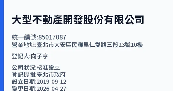 大型不動產開發股份有限公司的照片-統編 85017087(臺北市) 公司登記資料與營業項目詳細圖表