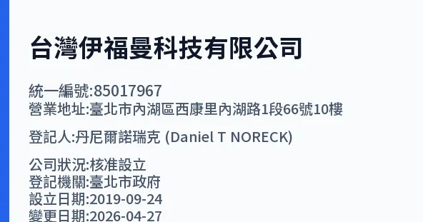 台灣伊福曼科技有限公司的照片-統編 85017967(臺北市) 公司登記資料與營業項目詳細圖表