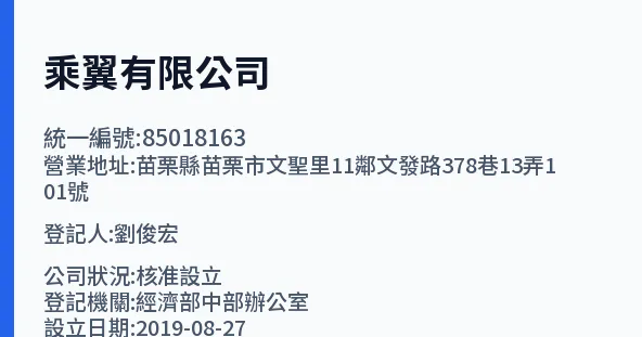 乘翼有限公司的照片-統編 85018163(苗栗縣) 公司登記資料與營業項目詳細圖表