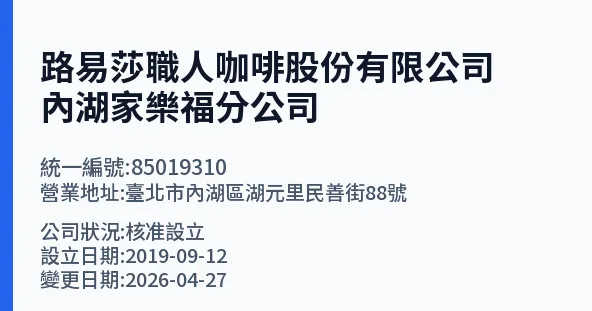 路易莎職人咖啡股份有限公司內湖家樂福分公司的照片-統編 85019310(臺北市) 公司登記資料與營業項目詳細圖表