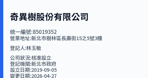 奇異樹股份有限公司的照片-統編 85019352(新北市) 公司登記資料與營業項目詳細圖表