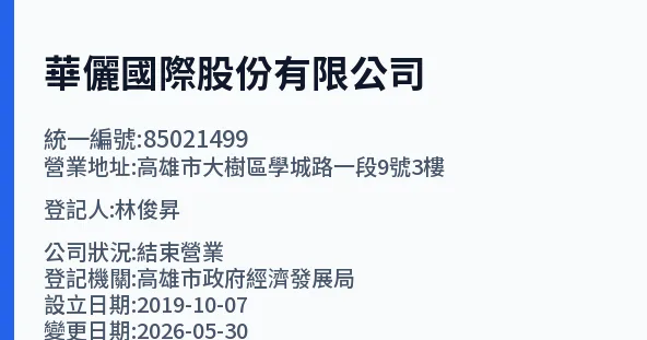 華儷國際股份有限公司的照片-統編 85021499(高雄市) 公司登記資料與營業項目詳細圖表