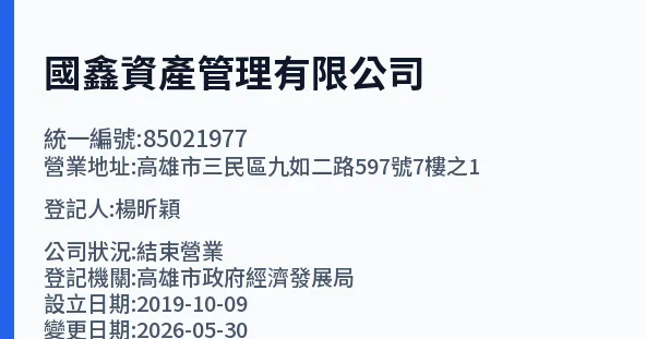 國鑫資產管理有限公司的照片-統編 85021977(高雄市) 公司登記資料與營業項目詳細圖表