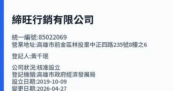 締旺行銷有限公司的照片-統編 85022069(高雄市) 公司登記資料與營業項目詳細圖表