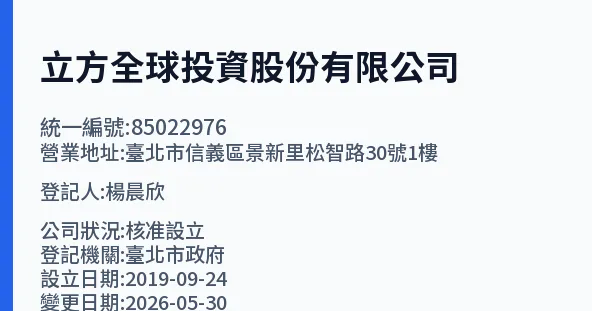 立方全球投資股份有限公司的照片-統編 85022976(臺北市) 公司登記資料與營業項目詳細圖表