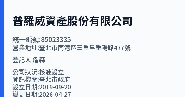 普羅威資產股份有限公司的照片-統編 85023335(臺北市) 公司登記資料與營業項目詳細圖表