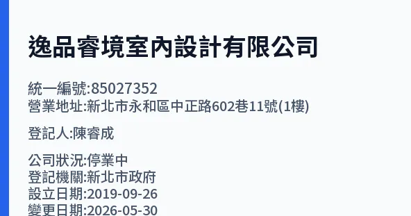 逸品睿境室內設計有限公司的照片-統編 85027352(新北市) 公司登記資料與營業項目詳細圖表