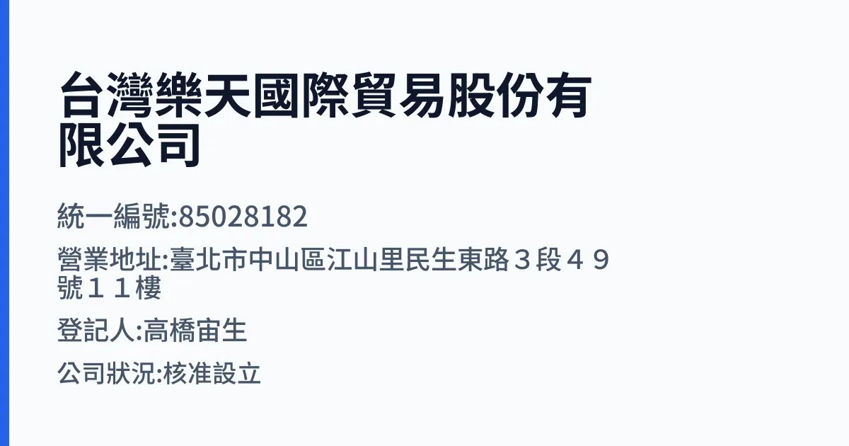 台灣樂天國際貿易股份有限公司 - 統編 85028182(臺北市) 公司登記資料與營業項目詳細圖表