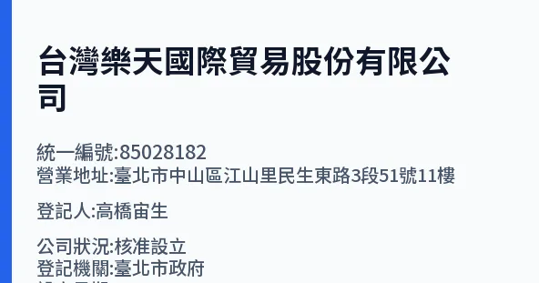 台灣樂天國際貿易股份有限公司的照片-統編 85028182(臺北市) 公司登記資料與營業項目詳細圖表