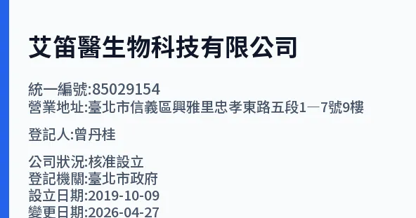 艾笛醫生物科技有限公司的照片-統編 85029154(臺北市) 公司登記資料與營業項目詳細圖表