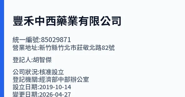 豐禾中西藥業有限公司的照片-統編 85029871(新竹縣) 公司登記資料與營業項目詳細圖表
