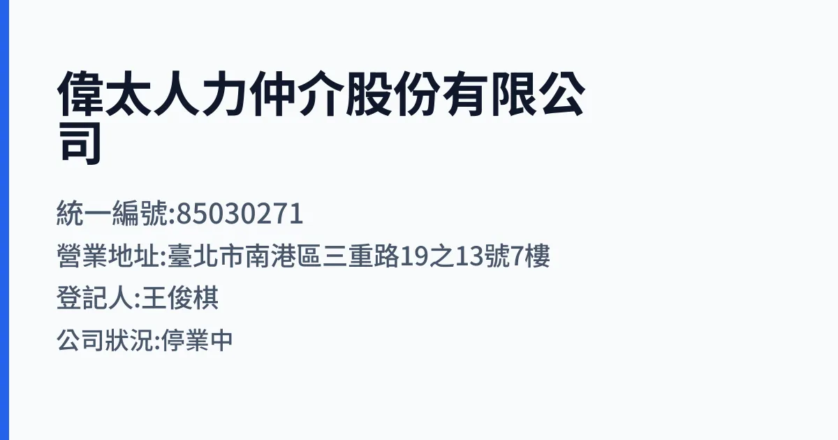 偉太人力仲介股份有限公司 - 統編 85030271(臺北市) 公司登記資料與營業項目詳細圖表