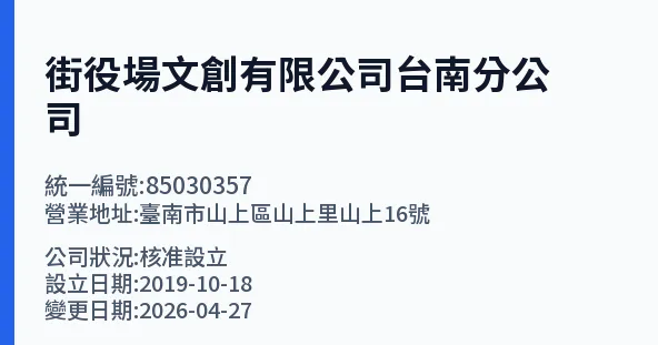 街役場文創有限公司台南分公司的照片-統編 85030357(臺南市) 公司登記資料與營業項目詳細圖表