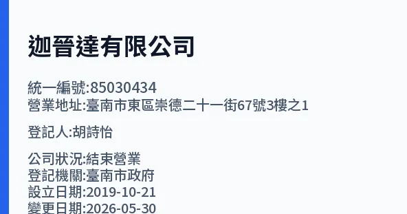 迦晉達有限公司的照片-統編 85030434(臺南市) 公司登記資料與營業項目詳細圖表