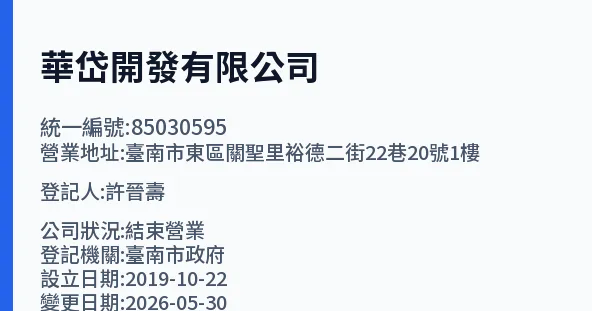 華岱開發有限公司的照片-統編 85030595(臺南市) 公司登記資料與營業項目詳細圖表