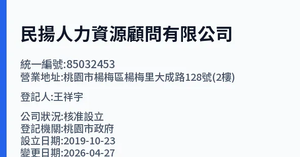 民揚人力資源顧問有限公司的照片-統編 85032453(桃園市) 公司登記資料與營業項目詳細圖表