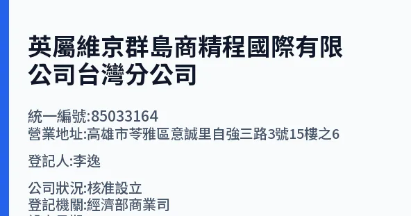 英屬維京群島商精程國際有限公司台灣分公司的照片-統編 85033164(高雄市) 公司登記資料與營業項目詳細圖表