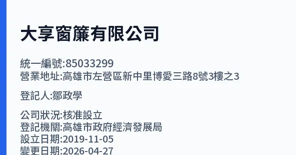 大享窗簾有限公司的照片-統編 85033299(高雄市) 公司登記資料與營業項目詳細圖表