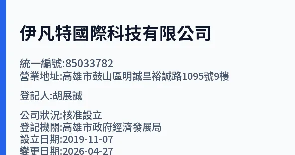 伊凡特國際科技有限公司的照片-統編 85033782(高雄市) 公司登記資料與營業項目詳細圖表