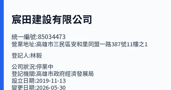 宸田建設有限公司的照片-統編 85034473(高雄市) 公司登記資料與營業項目詳細圖表