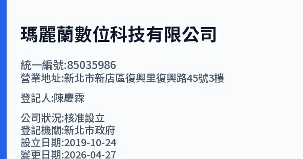 瑪麗蘭數位科技有限公司的照片-統編 85035986(新北市) 公司登記資料與營業項目詳細圖表