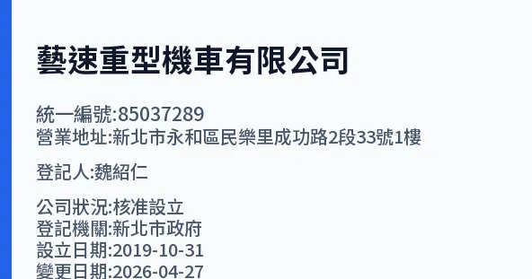 藝速重型機車有限公司的照片-統編 85037289(新北市) 公司登記資料與營業項目詳細圖表