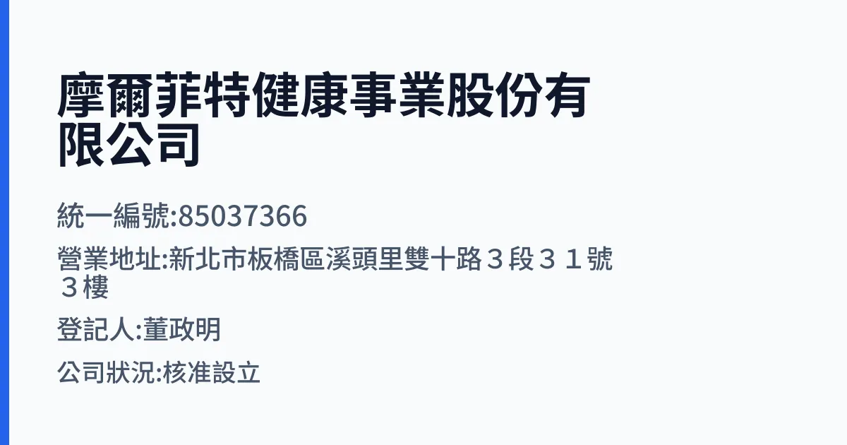 摩爾菲特健康事業股份有限公司 - 統編 85037366(新北市) 公司登記資料與營業項目詳細圖表