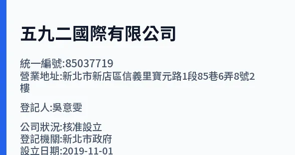 五九二國際有限公司的照片-統編 85037719(新北市) 公司登記資料與營業項目詳細圖表