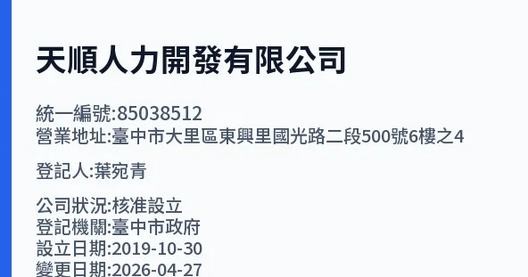 天順人力開發有限公司的照片-統編 85038512(臺中市) 公司登記資料與營業項目詳細圖表