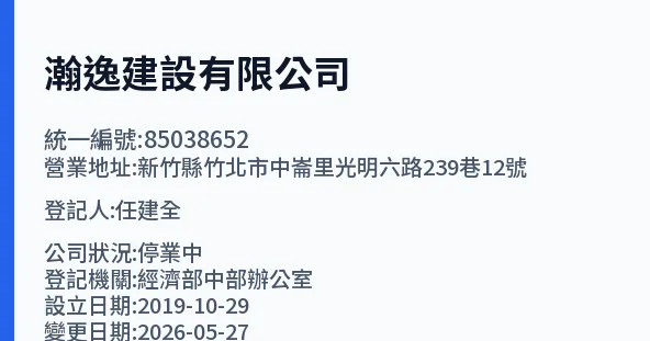瀚逸建設有限公司的照片-統編 85038652(新竹縣) 公司登記資料與營業項目詳細圖表