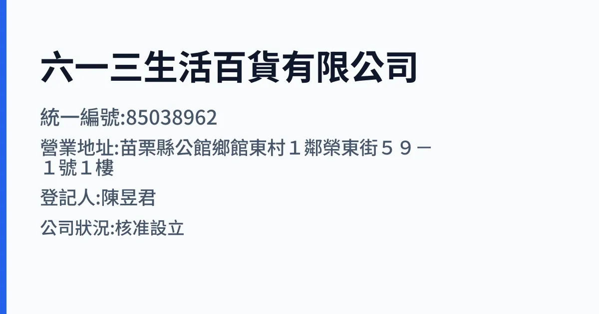 六一三生活百貨有限公司 - 統編 85038962(苗栗縣) 公司登記資料與營業項目詳細圖表