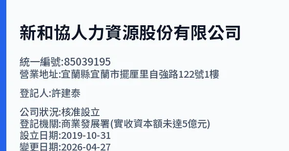 新和協人力資源股份有限公司的照片-統編 85039195(宜蘭縣) 公司登記資料與營業項目詳細圖表