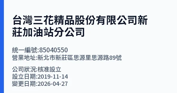 台灣三花精品股份有限公司新莊加油站分公司的照片-統編 85040550(新北市) 公司登記資料與營業項目詳細圖表