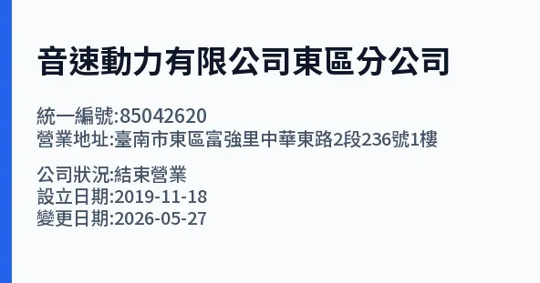 音速動力有限公司東區分公司的照片-統編 85042620(臺南市) 公司登記資料與營業項目詳細圖表