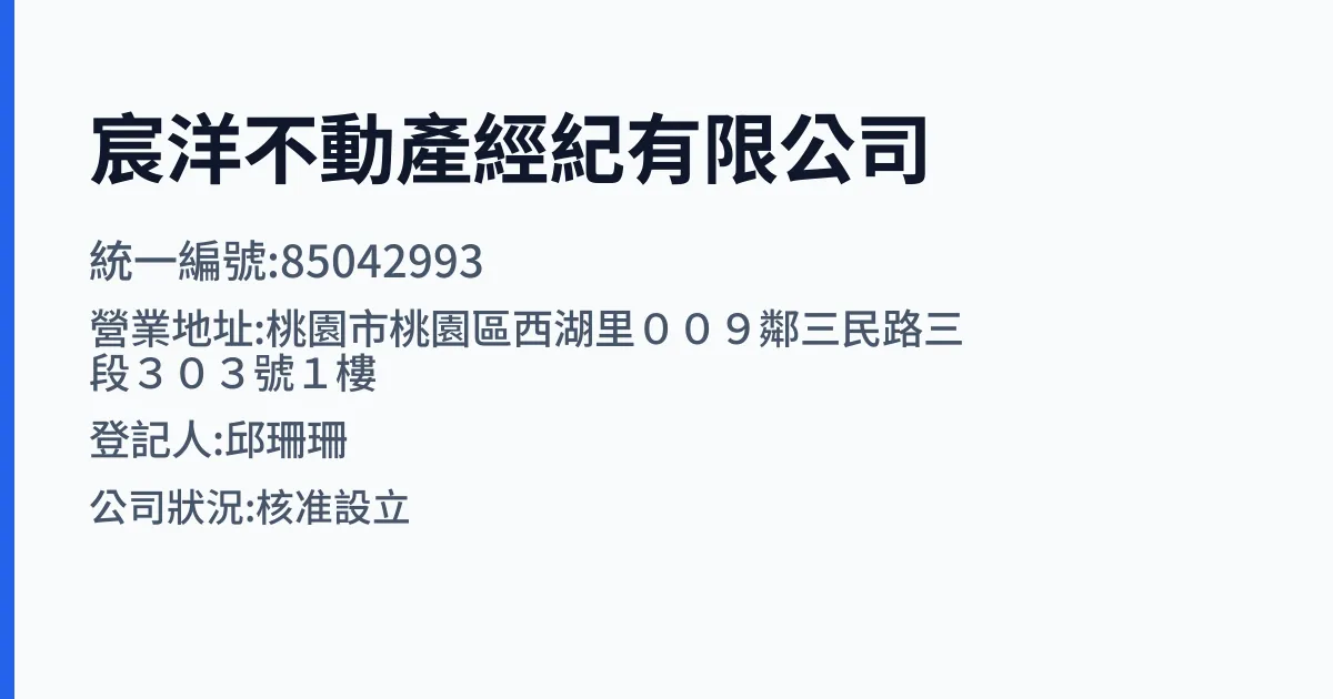 宸洋不動產經紀有限公司 - 統編 85042993(桃園市) 公司登記資料與營業項目詳細圖表