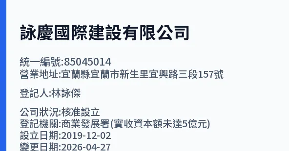 詠慶國際建設有限公司的照片-統編 85045014(宜蘭縣) 公司登記資料與營業項目詳細圖表