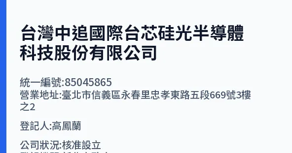 台灣中追國際台芯硅光半導體科技股份有限公司的照片-統編 85045865(臺北市) 公司登記資料與營業項目詳細圖表