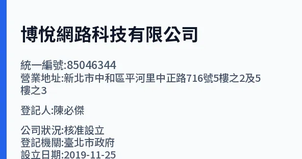 博悅網路科技有限公司的照片-統編 85046344(新北市) 公司登記資料與營業項目詳細圖表