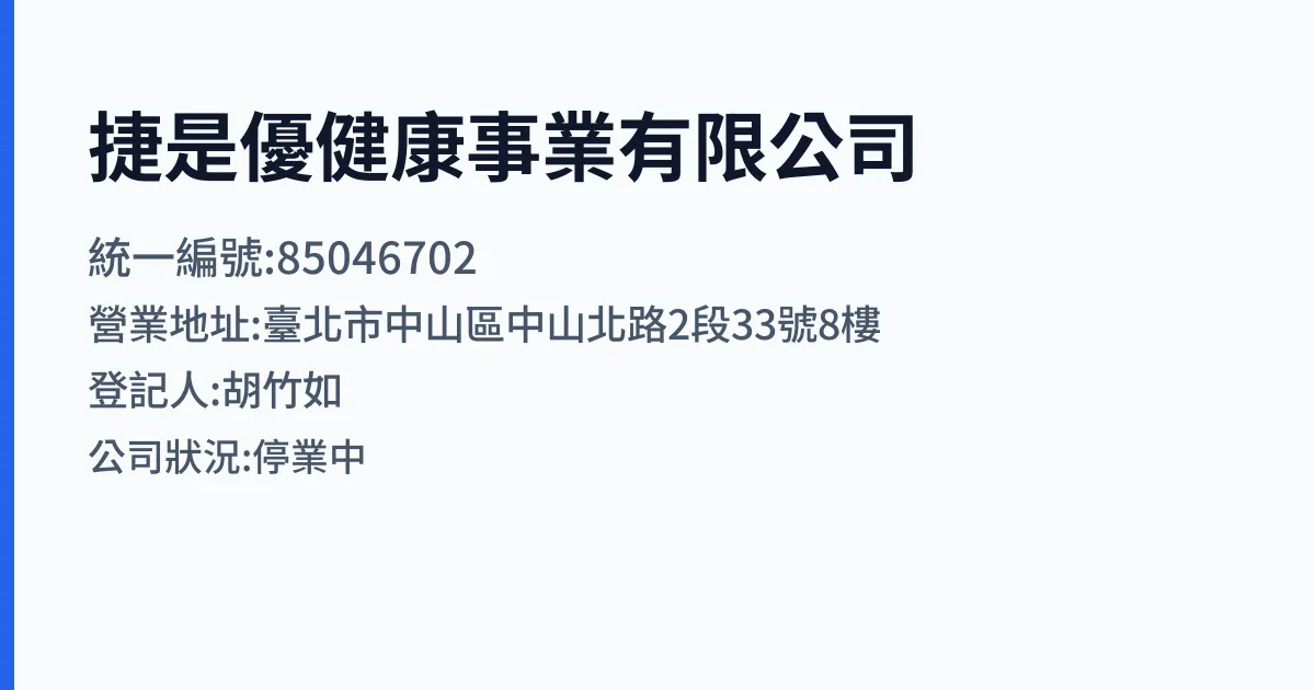 捷是優健康事業有限公司 - 統編 85046702(臺北市) 公司登記資料與營業項目詳細圖表