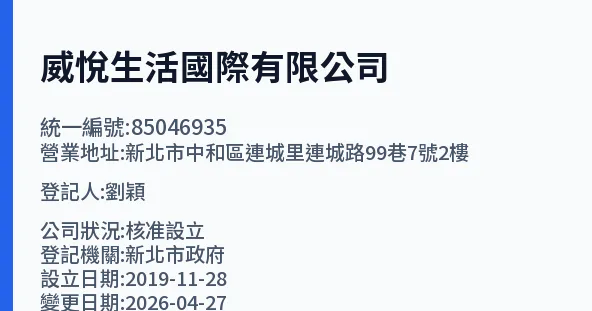 威悅生活國際有限公司的照片-統編 85046935(新北市) 公司登記資料與營業項目詳細圖表