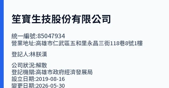笙寶生技股份有限公司的照片-統編 85047934(高雄市) 公司登記資料與營業項目詳細圖表
