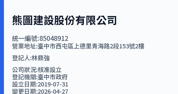 熊圖建設股份有限公司的照片-統編 85048912(臺中市) 公司登記資料與營業項目詳細圖表
